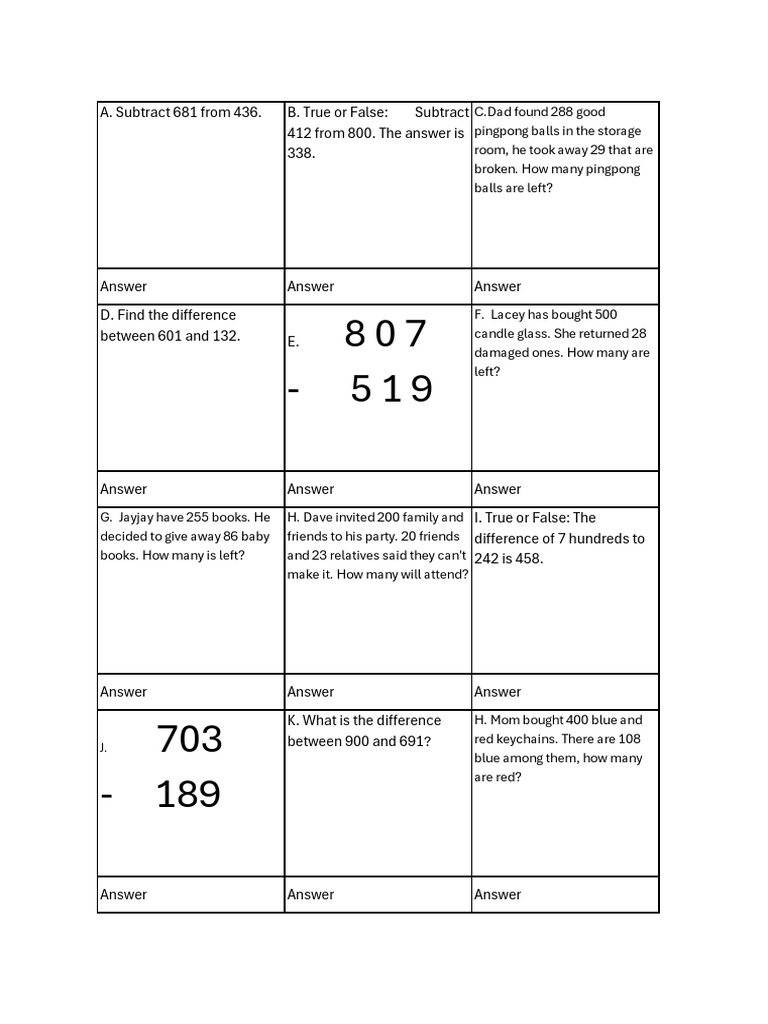 Math Subtraction 3 Digit | PDF