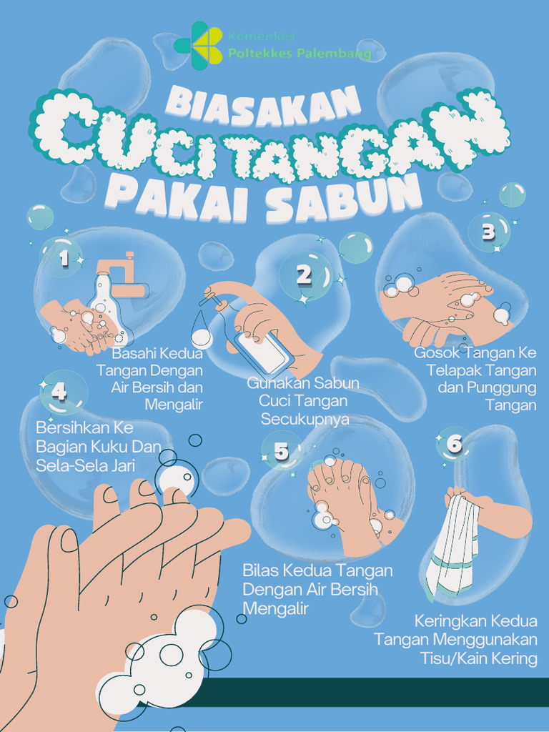Poster Cuci Tangan Pakai Sabun Ilustrasi Ceria Biru Dan Putih ...