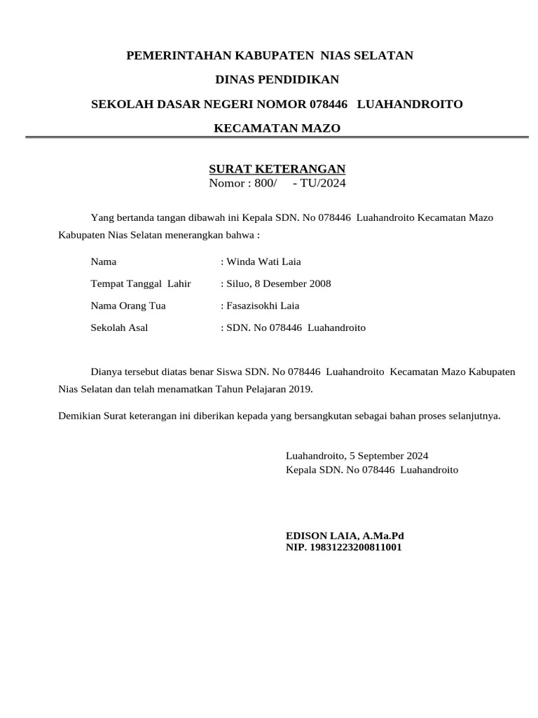 Surat Keterangan Lulus SD Nias Selatan | PDF