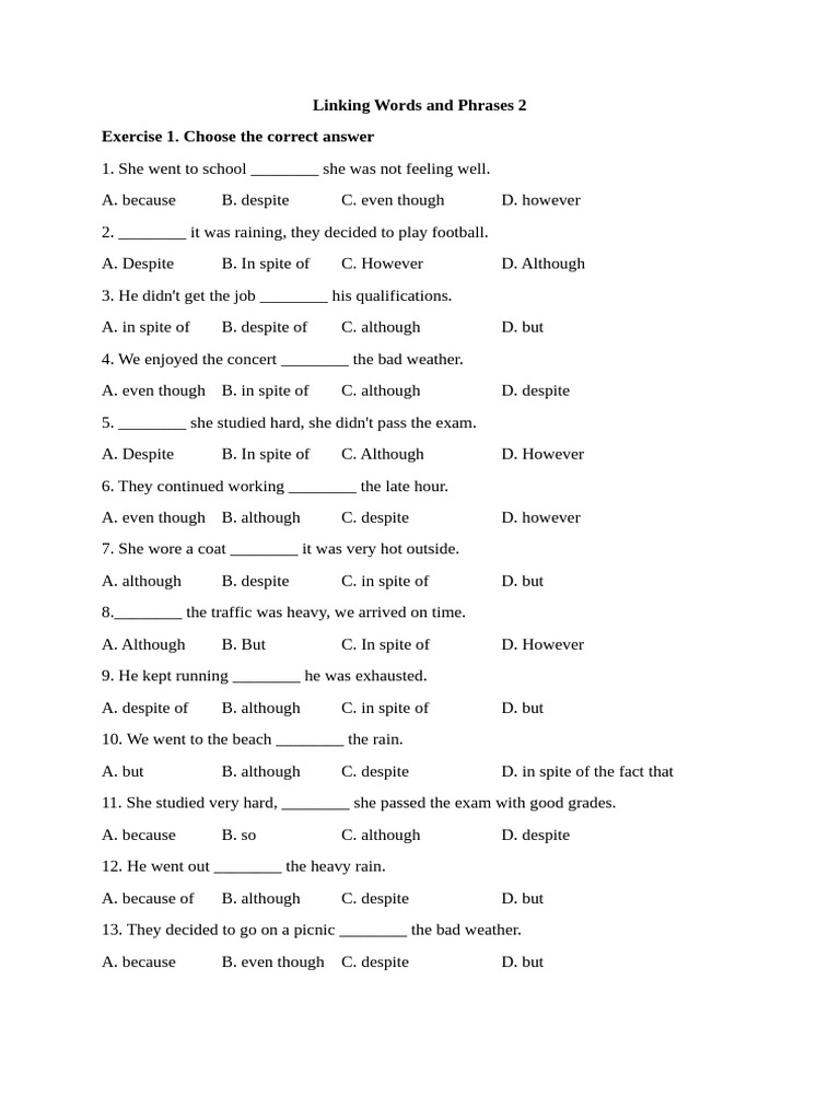 Linking Words and Phrases Exercises | PDF