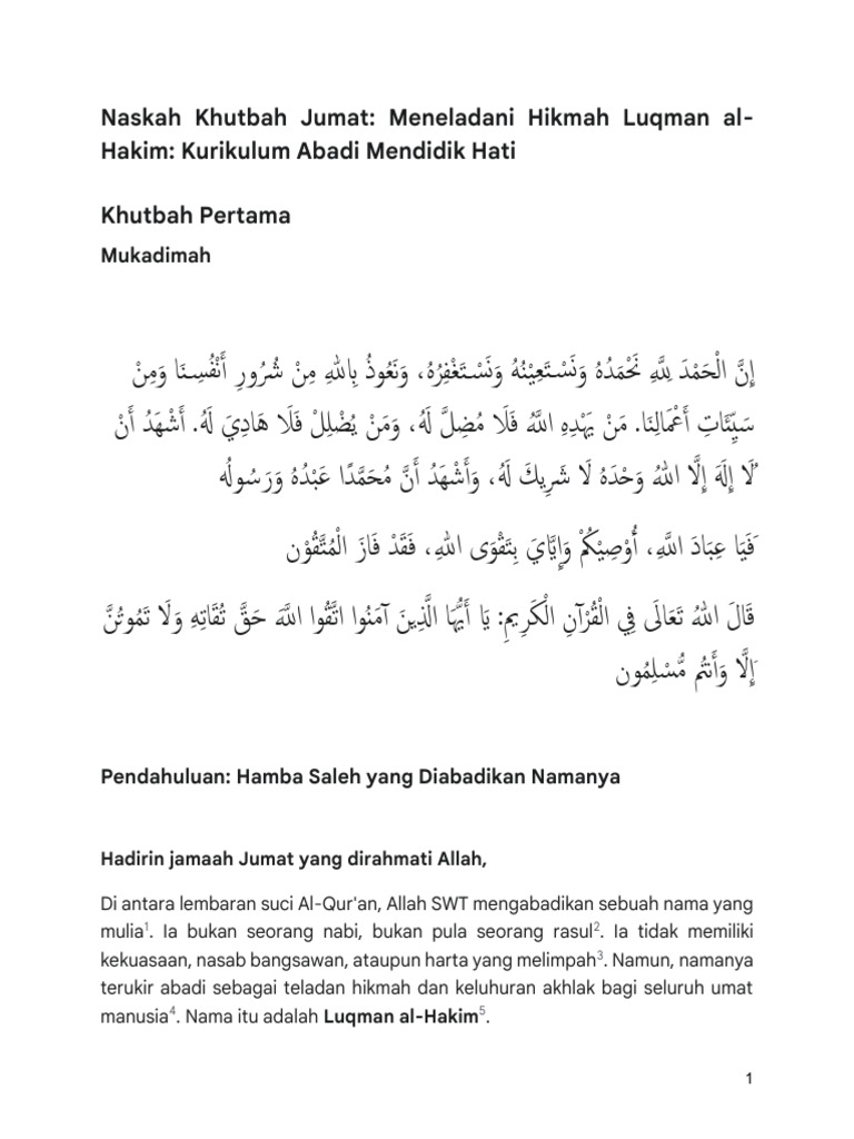 Naskah Khutbah Jumat - Meneladani Hikmah Luqman Al-Hakim - Kurikulum Abadi Mendidik Hati | PDF