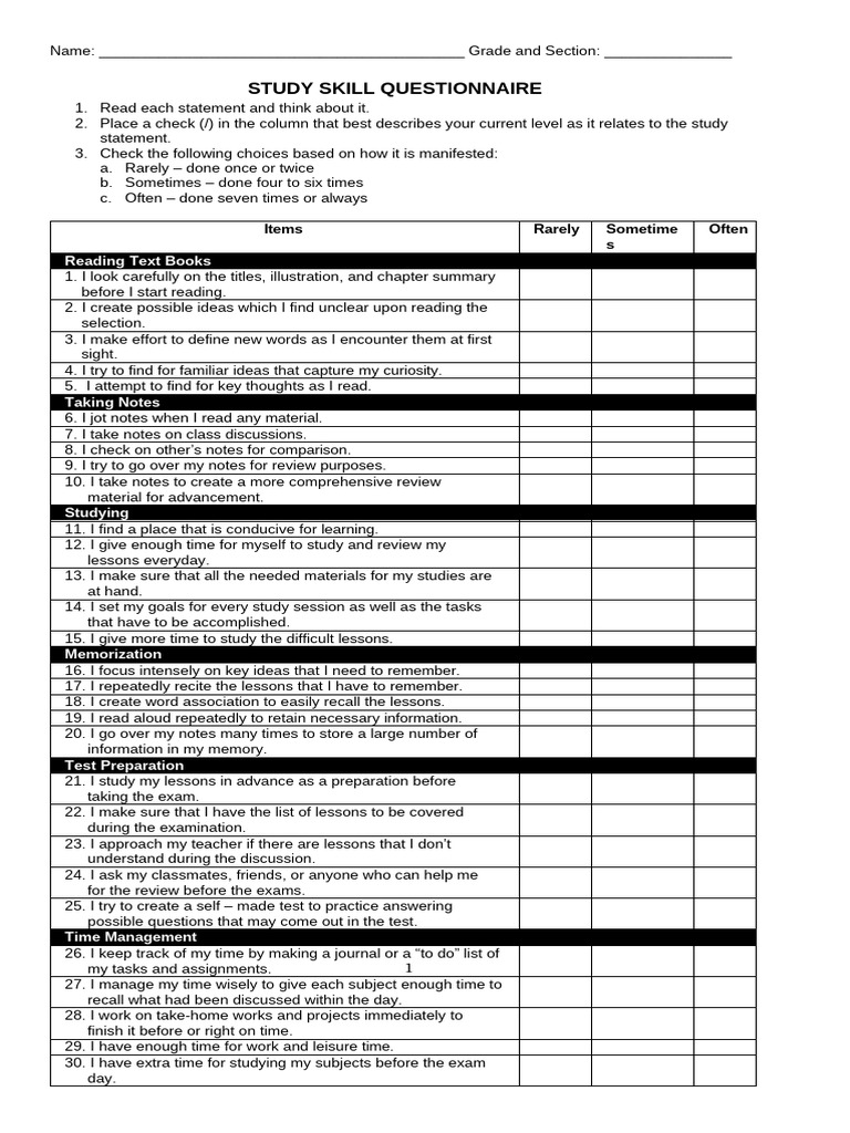 Study Skills Questionnaire Template | PDF | Learning | Psychological ...