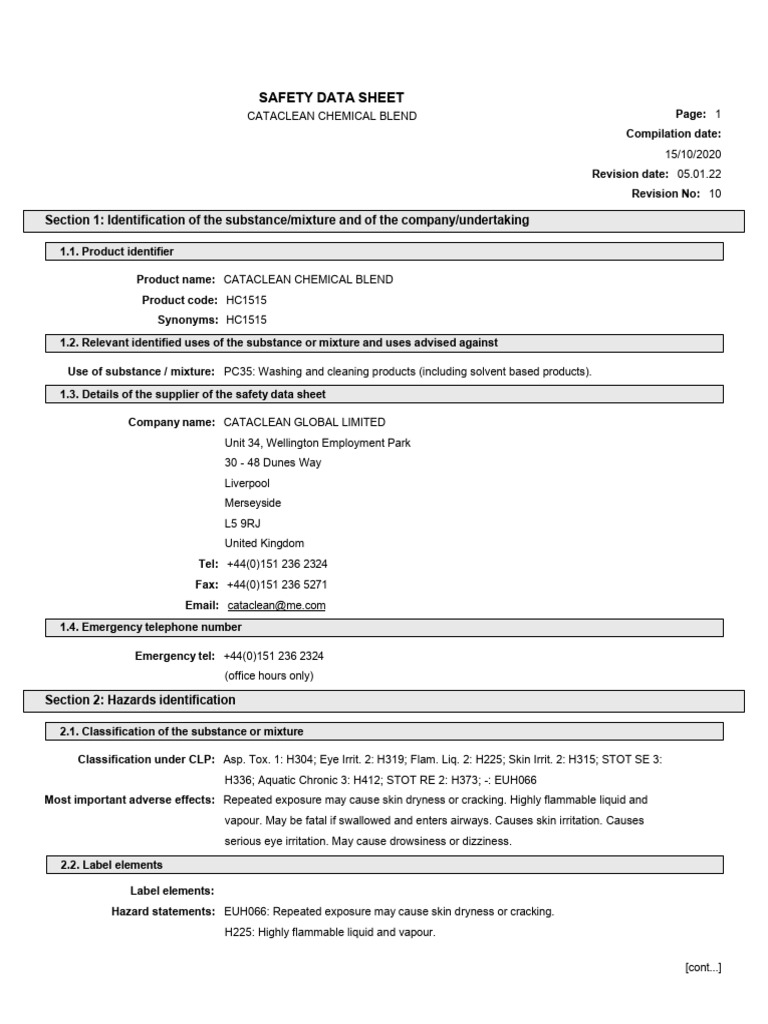 Cataclean Chemical Blend Safety Data Sheet | PDF | Waste Management ...