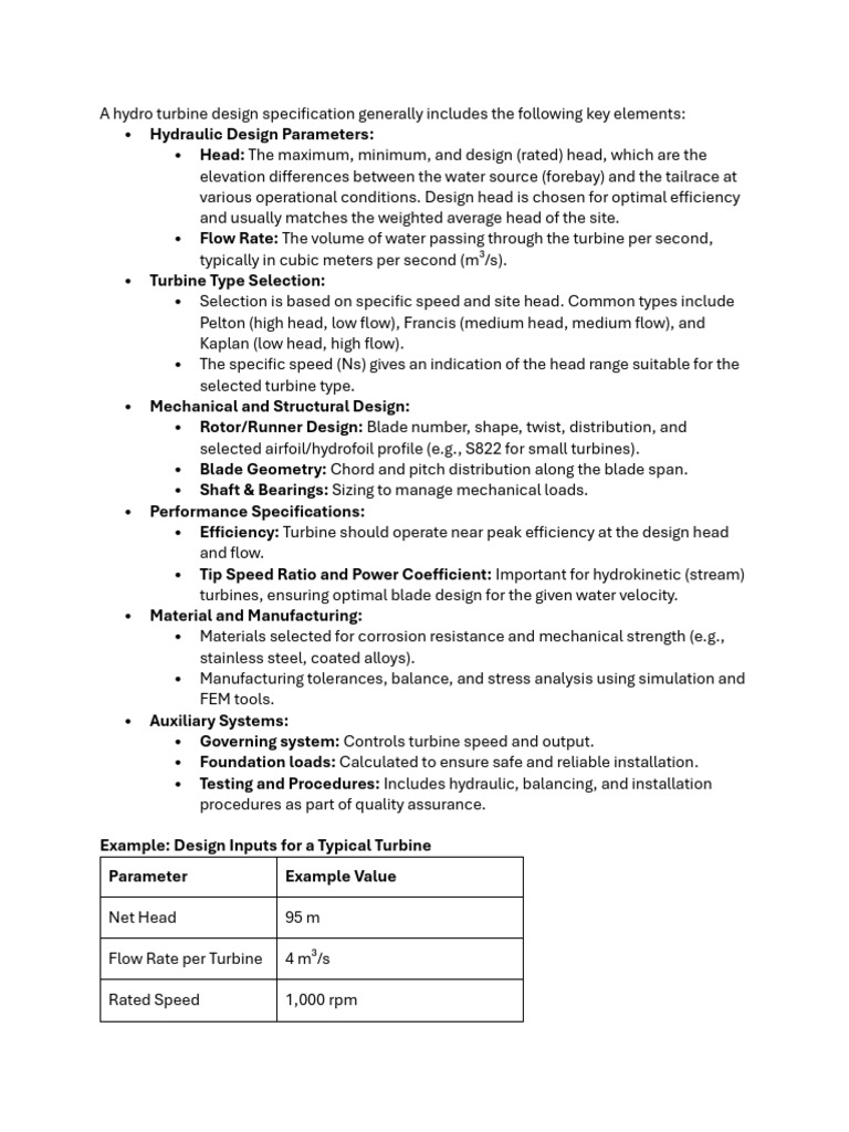 Hydro Turbine Design Spec | PDF | Turbine | Gas Technologies