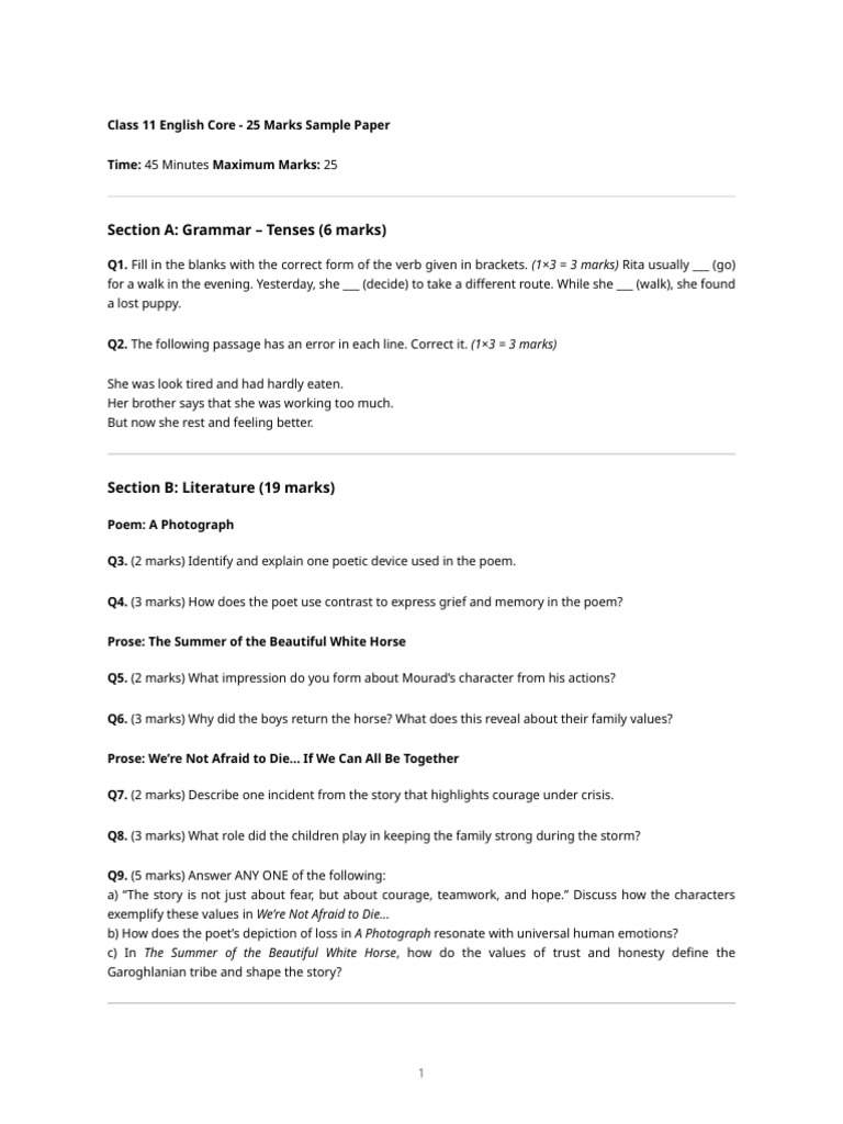 Class 11 English 25 Marks Sample Paper | PDF