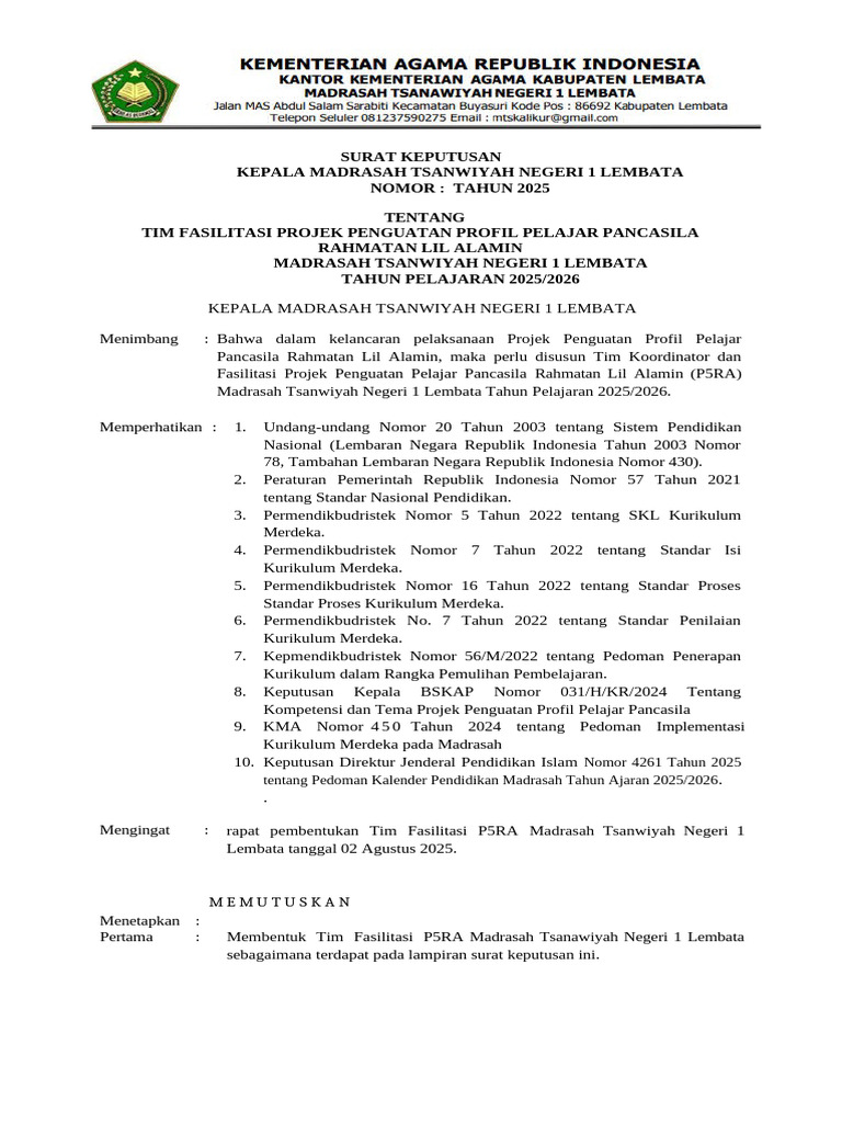 Tim Fasilitasi P5RA Madrasah Lembata | PDF