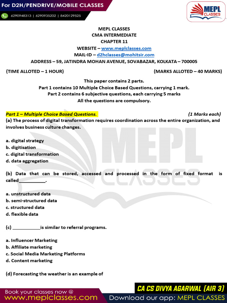 Cma Inter - SM - Chap - 11 - Question Paper | PDF | Marketing ...