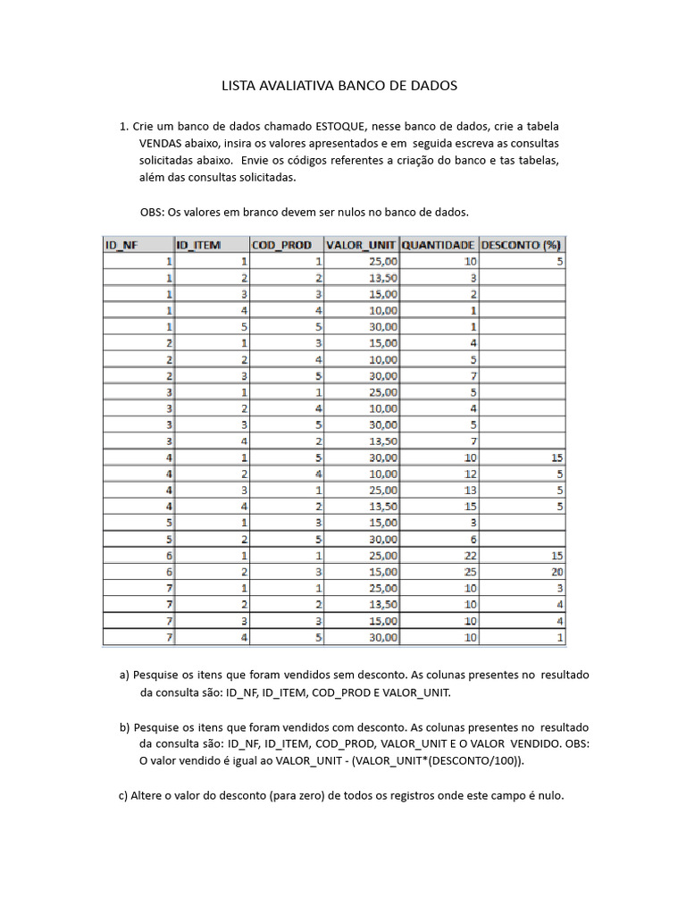 Lista de Exercicios SQL (3) (1) (2) | PDF | Tabela (banco de dados) | Informática