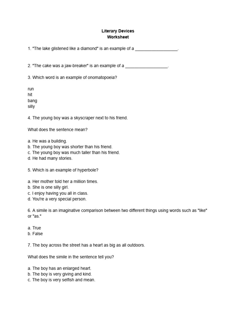 Literary Devices Worksheet | PDF | Metaphor