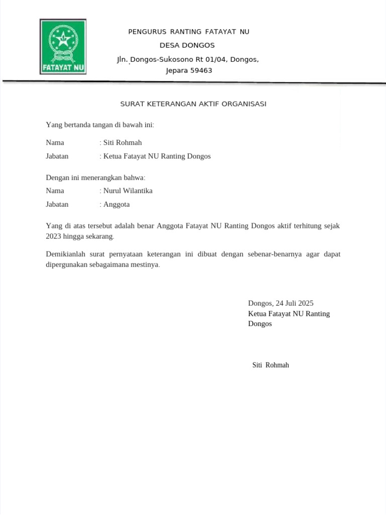 Surat Keterangan Anggota Fatayat NU | PDF