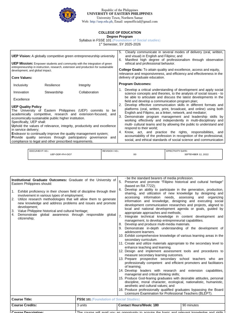 Syllabus in Foundation of Social Studies Soctud 2025 2026 | PDF ...