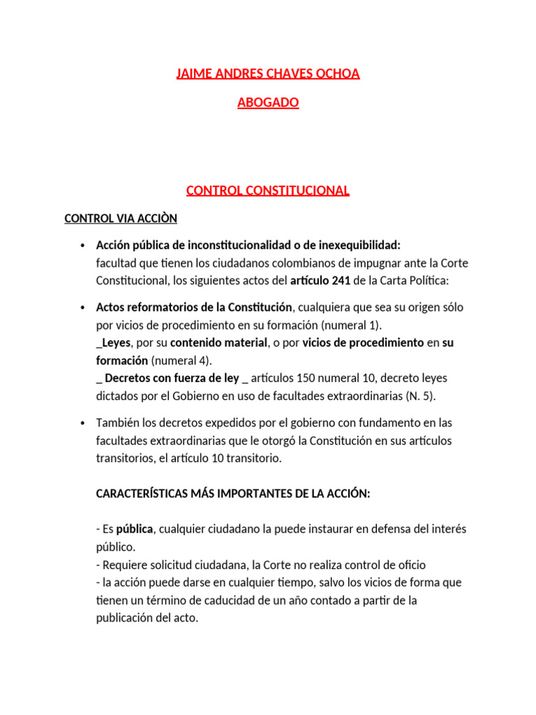 Control Constitucional en Colombia: Acciones y Efectos | PDF ...