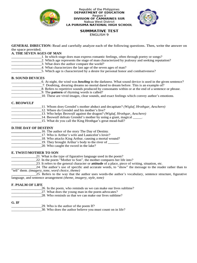 Summative Test-First Quarter | PDF | Beowulf | English Heroic Legends