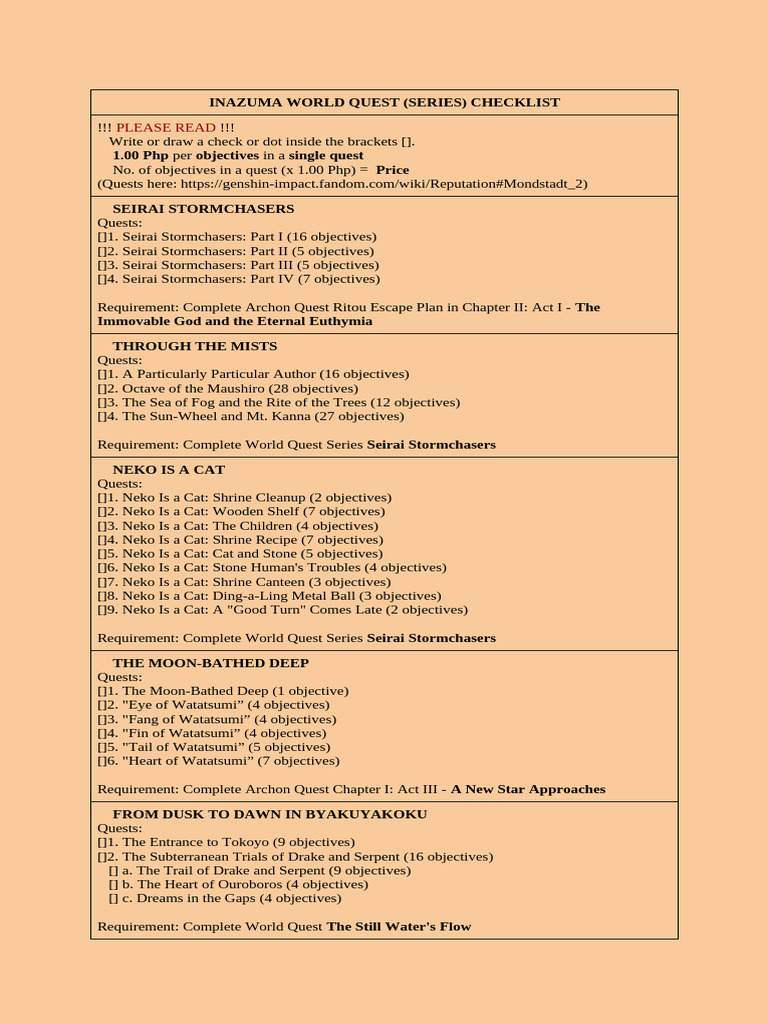 Inazuma World Quest Checklist | PDF