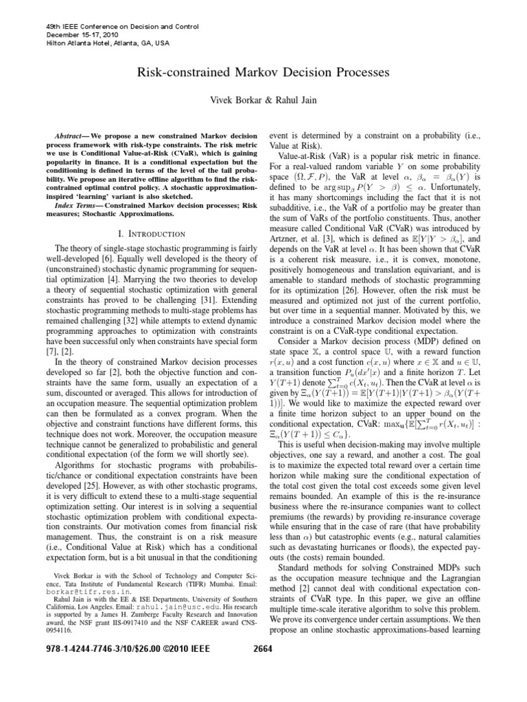 Risk-Constrained Markov Decision Processes | PDF | Value At Risk | Mathematical Optimization