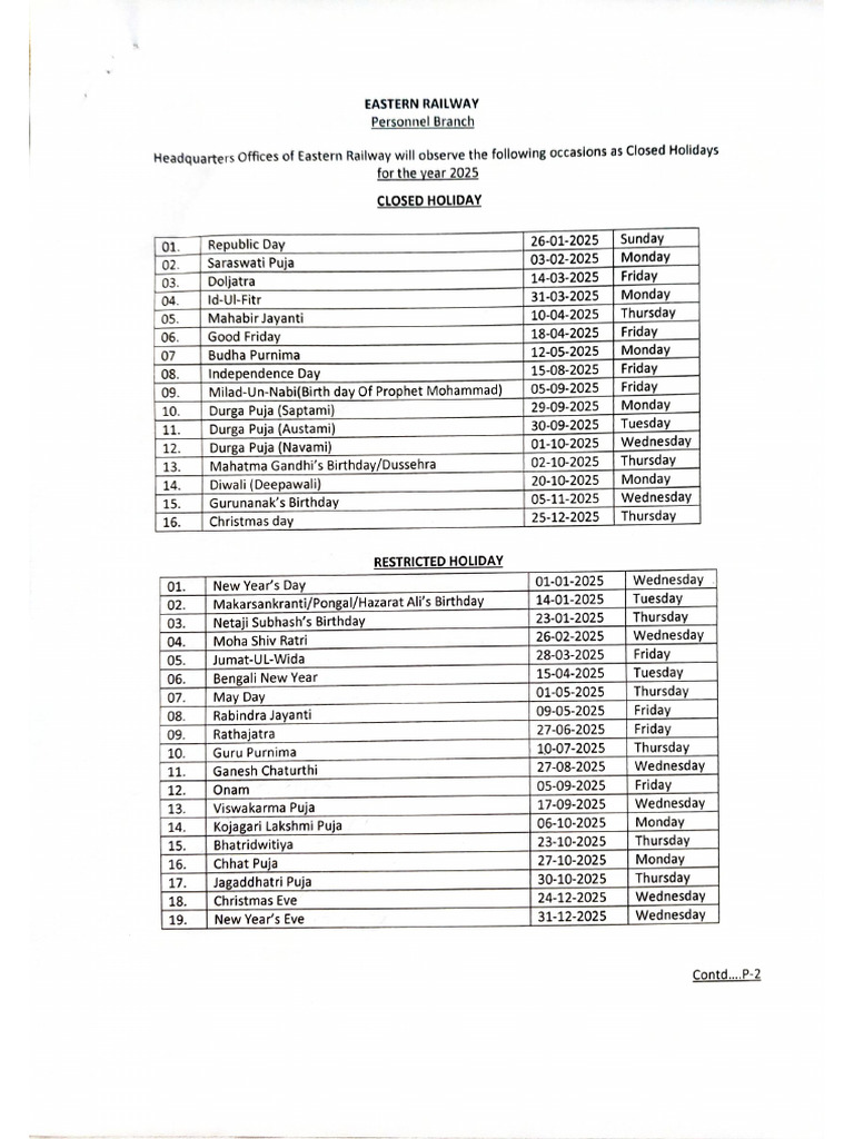 Holiday List - 2025-1 | PDF
