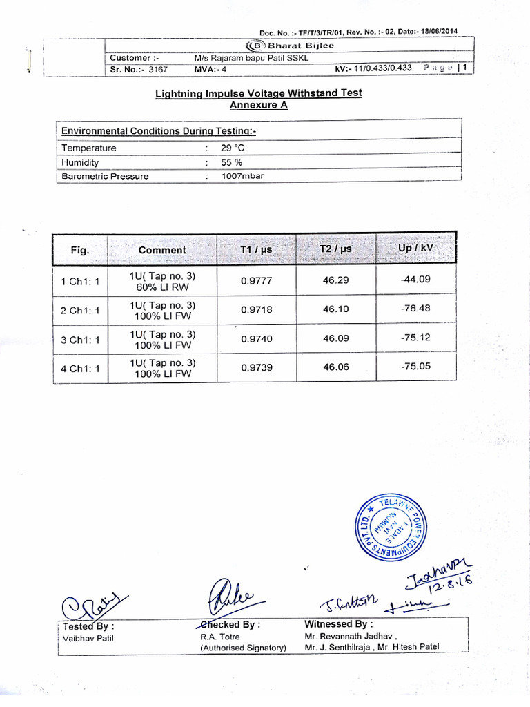 Lightning Impulse Voltage Withstand Test Report | PDF