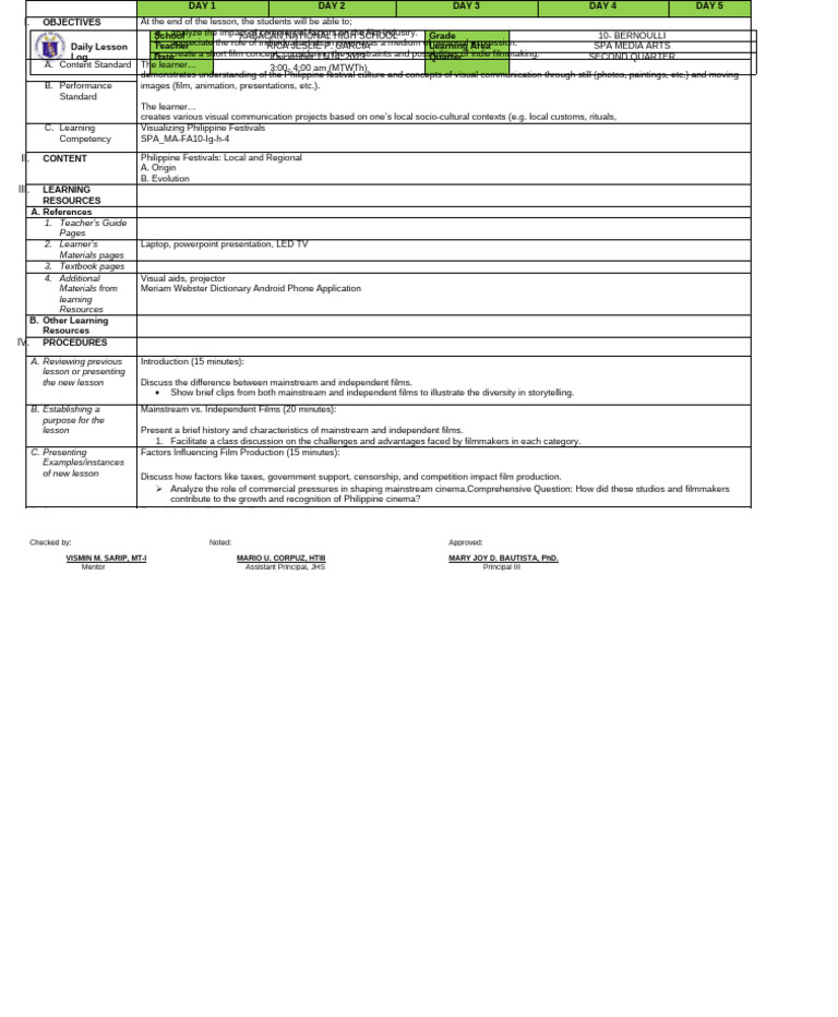 Grade 10 SPA Media Arts Lesson Plan | PDF | Learning | Communication
