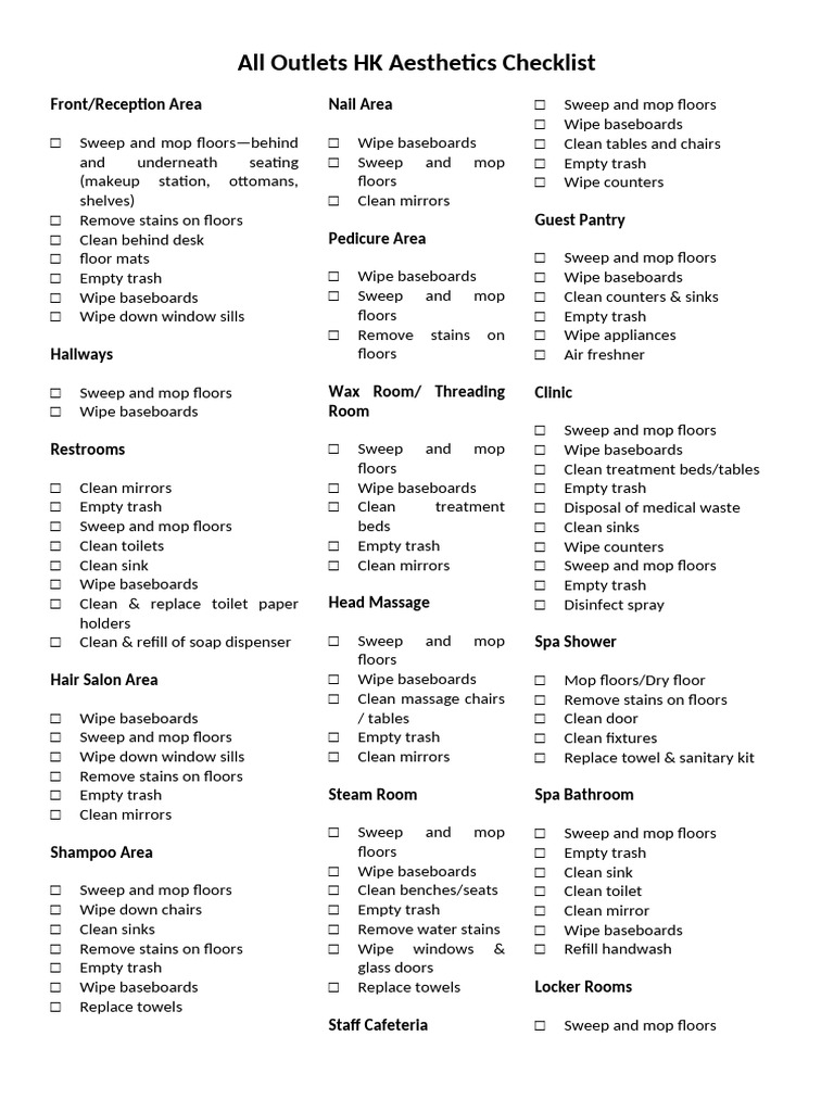 All Outlets HK Aesthetics Checklist | PDF | Bathroom | Home