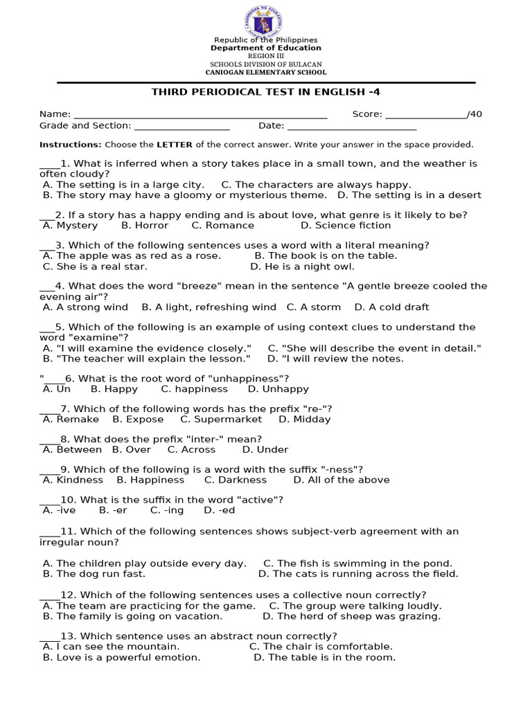 Third Periodical Test in English - Grade 4 | PDF | Verb | Language ...