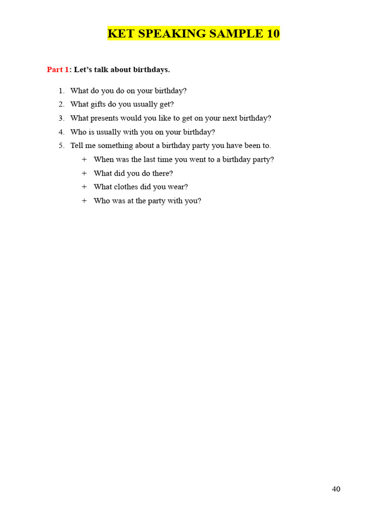 KET Speaking Test Sample Questions 2024 | PDF