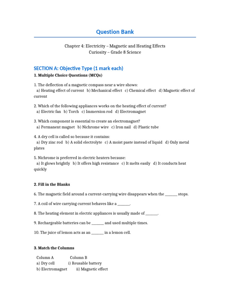 Electricity: Magnetic & Heating Effects Quiz | PDF | Electric Current ...