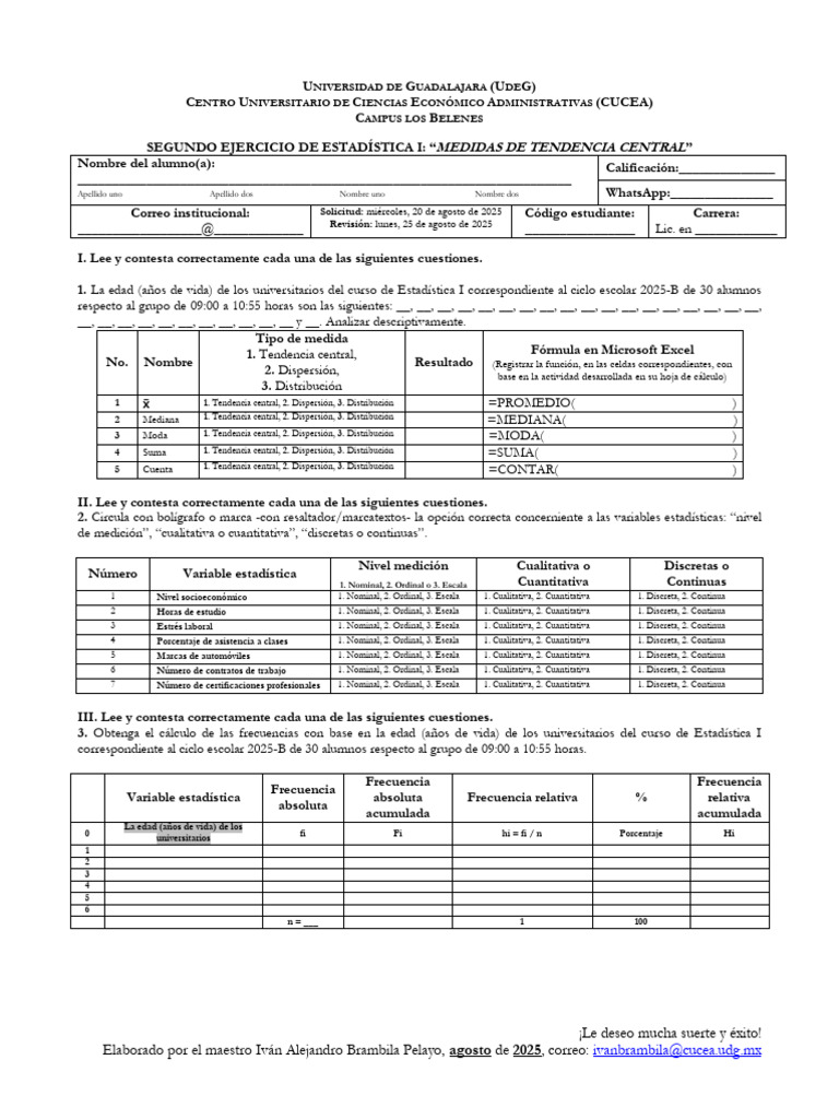 Segundo Ejercicio de Estad-Stica I - Medidas de Tendencia Central - 20 de Agosto de 2025 | PDF ...
