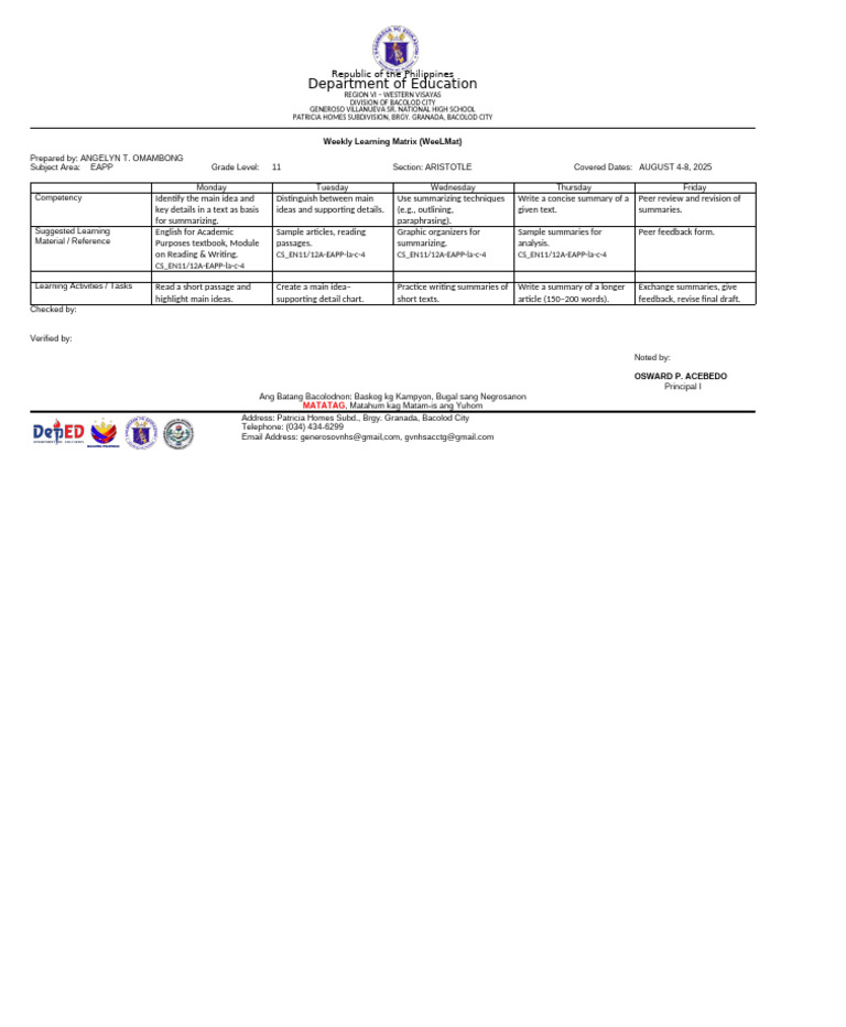 Weekly Learning Matrix for EAPP Grade 11 | PDF | Human Communication