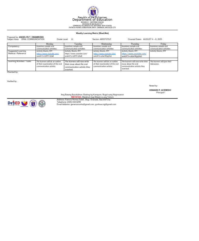 Weekly Learning Matrix for Oral Communication | PDF