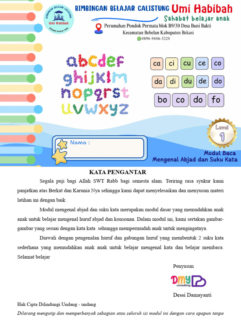 LEVEL 1 - MODUL BACA (Mengenal Abjad Dan Suku Kata) (63 Hal) | PDF