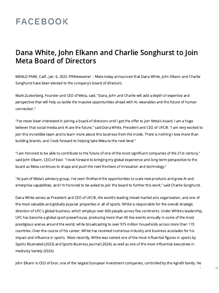 Dana White John Elkann and Charlie Songhurst To Join Meta Board of ...