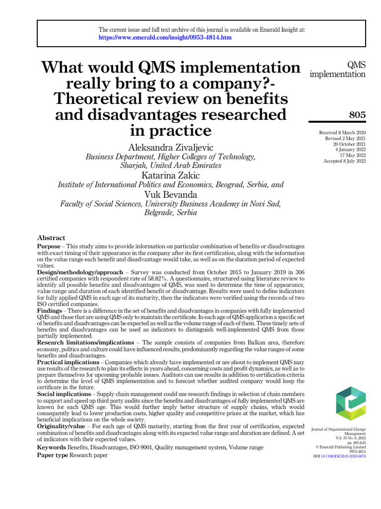 QMS Benefits and Disadvantages Overview | PDF | Quality Management ...