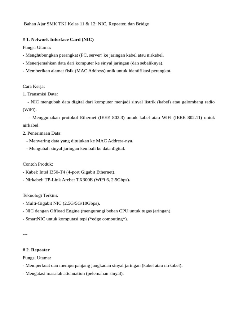 1.a Materi Pengenalan NIC, Repeater, Dan Bridge | PDF