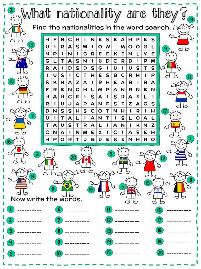 What Nationality Are They Word Search Wordsearches 134193 | PDF