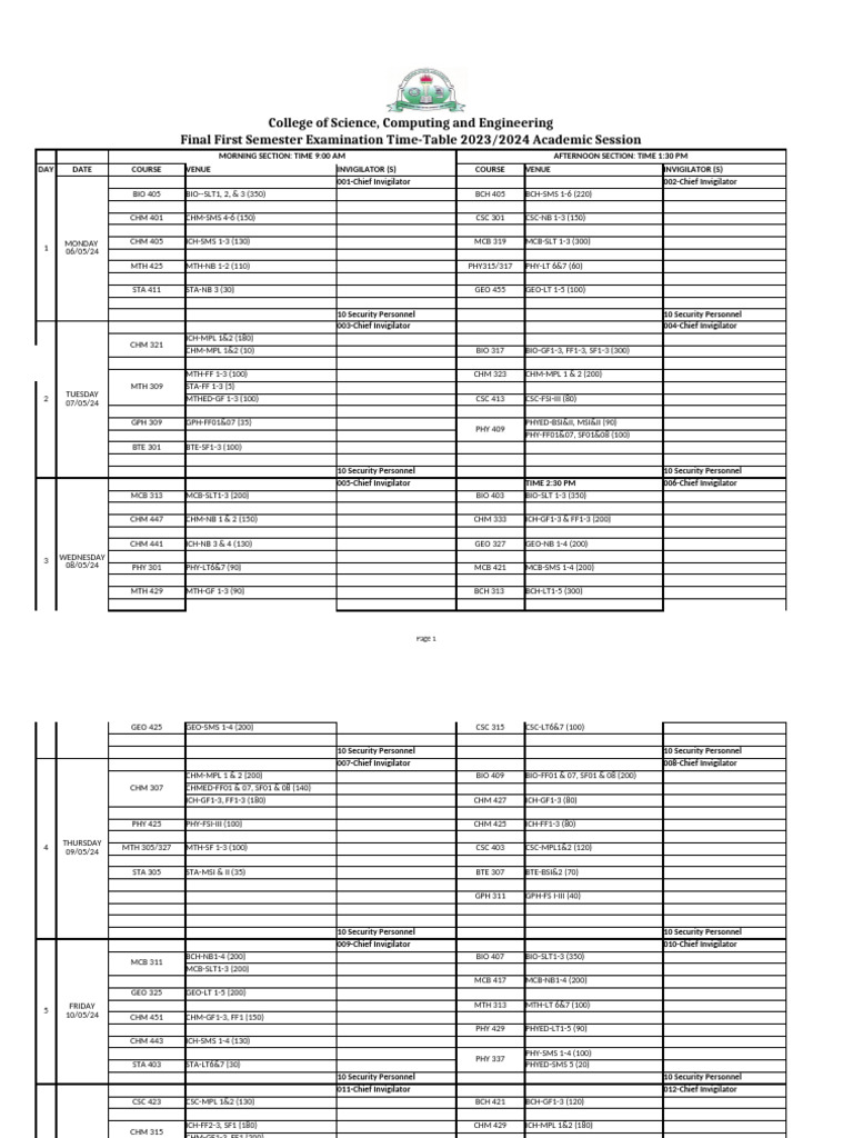 2023/2024 Exam Timetable for Science Courses | PDF