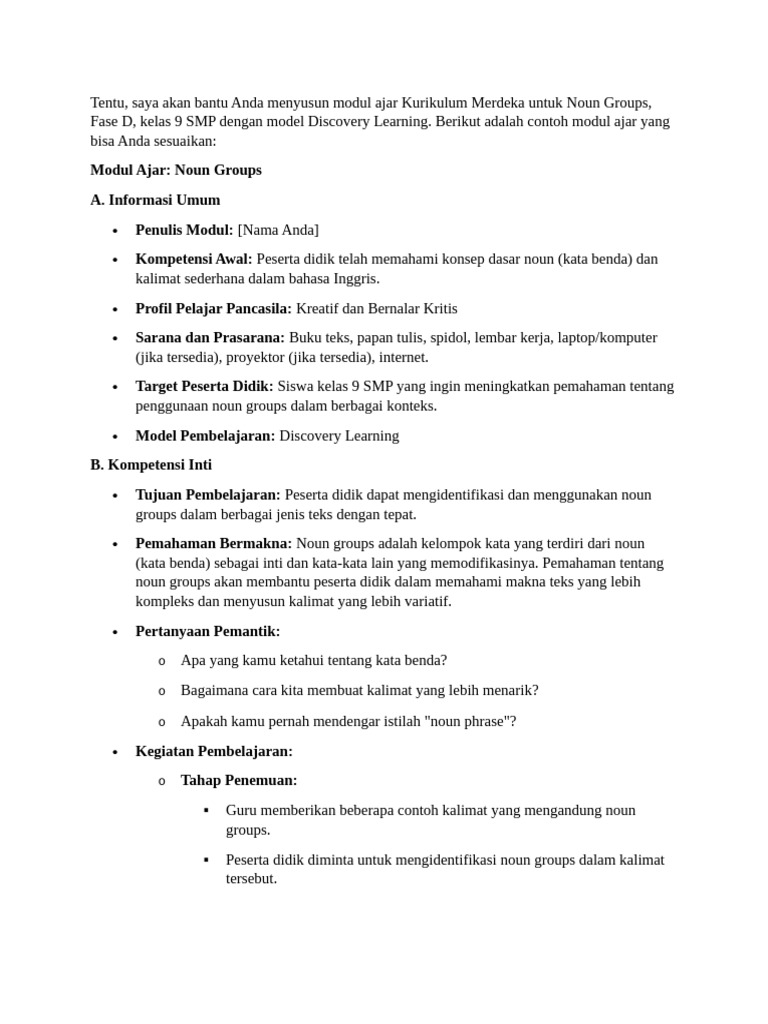 Modul Ajar Noun Groups Kelas 9 SMP | PDF
