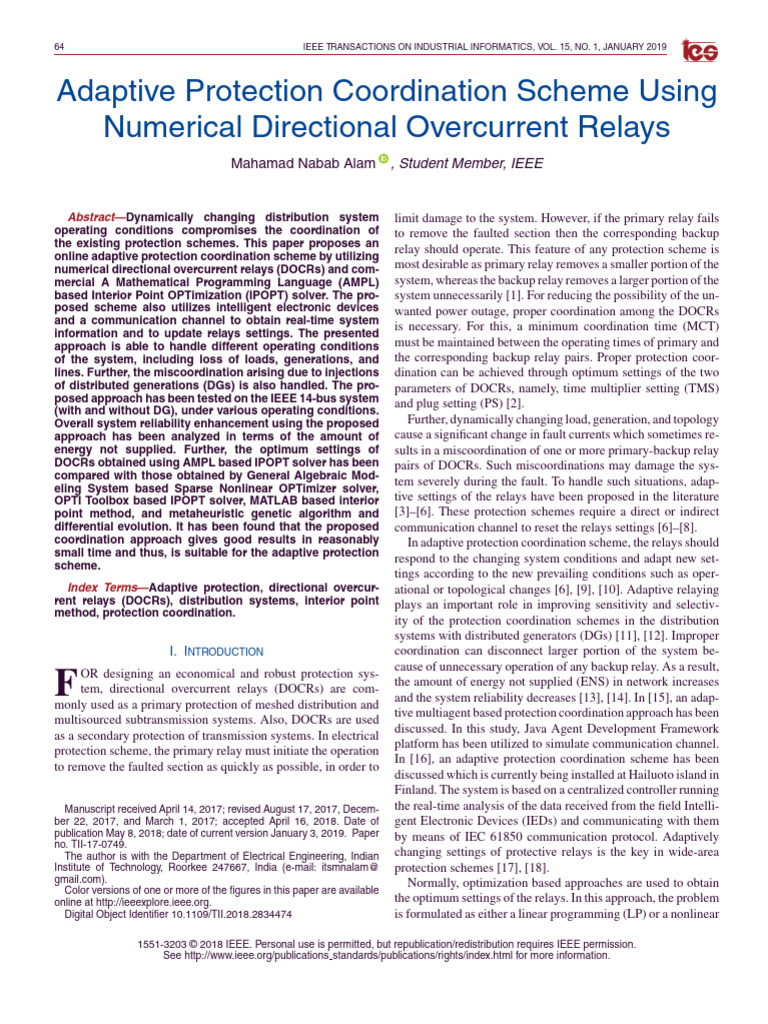Adaptive Protection Coordination Scheme Using Numerical Directional Overcurrent Relays | PDF ...