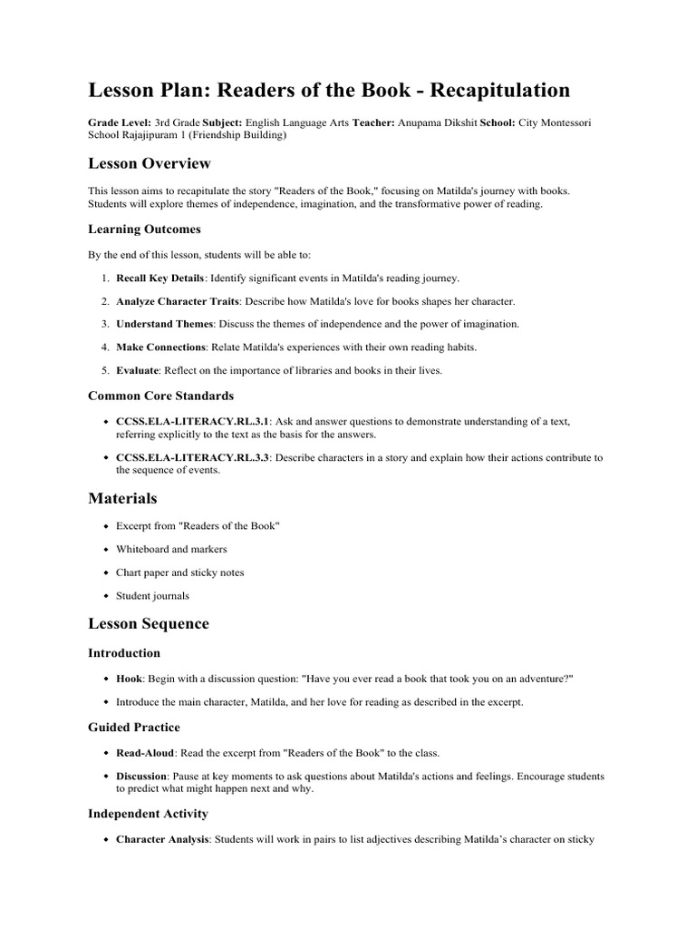 Lesson Plan - Readers of The Book - Recapitulation | PDF | Learning ...