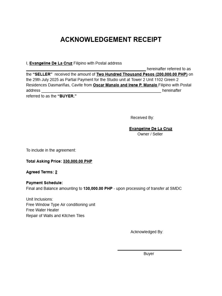 Acknowledgment Receipt for Property Sale | PDF