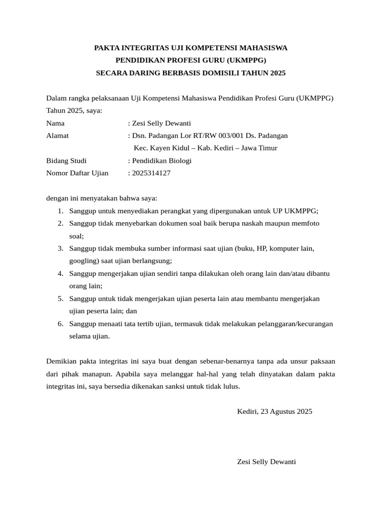 Pakta Integritas Uji Kompetensi Mahasiswa 2025 | PDF