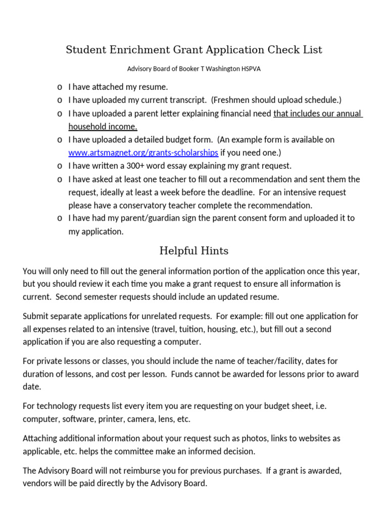 Student Grant Application Checklist | PDF