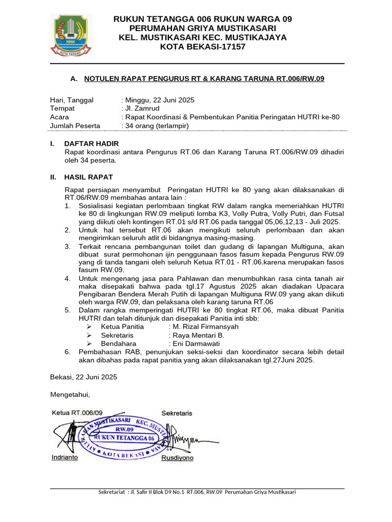 Notulen Rapat HUTRI ke-80 RT.006 | PDF