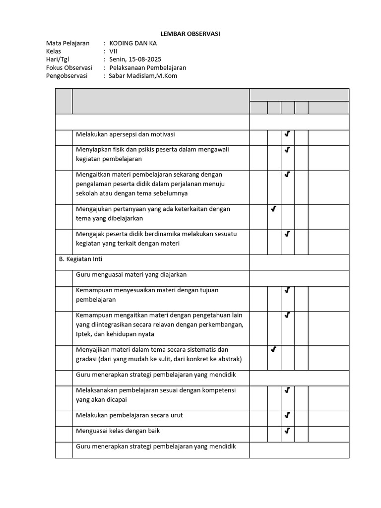 Lembar Observasi Pembelajaran Koding VII | PDF