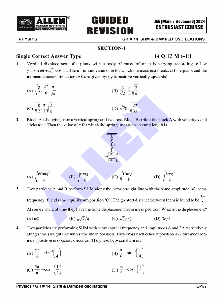 GR#14 - SHM & Damped Oscillations | PDF