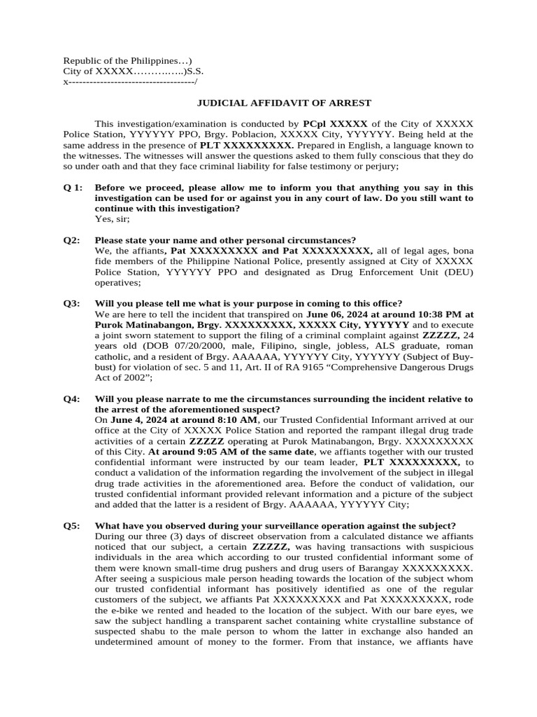 Judicial Affidavit of Arrest | PDF | Legal Procedure | Evidence