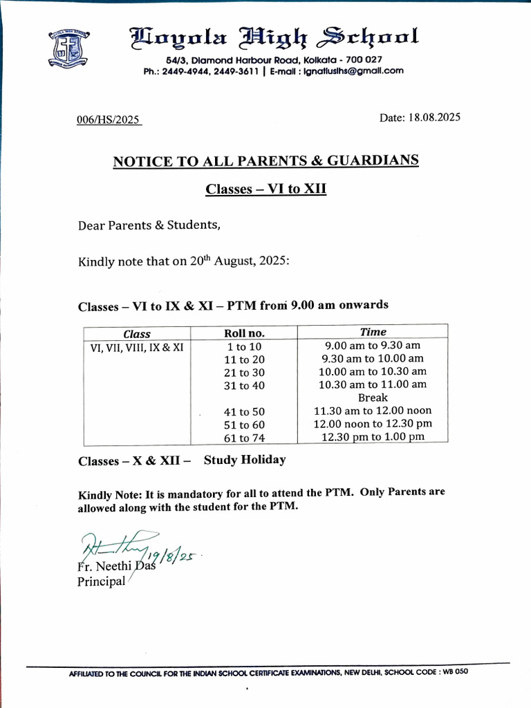Notice For Classes Vi To Xii | PDF