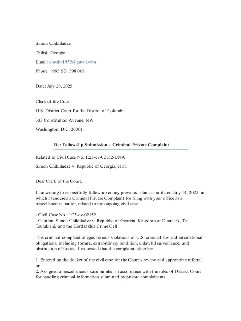 Follow-Up Criminal Complaint Cover Letter | PDF