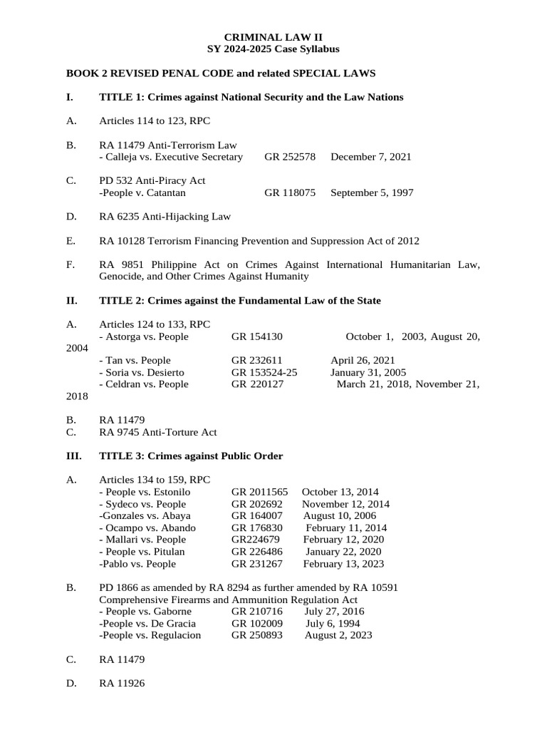Crim Law 2 Case Syllabus 2025 | PDF | Criminal Law | Public Law