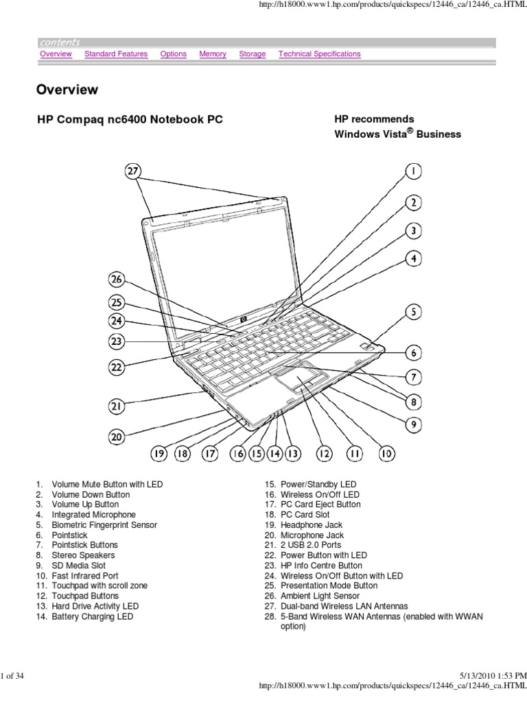 HP Compaq NC6400 Laptop Specifications | PDF | Cd Rom | Laptop