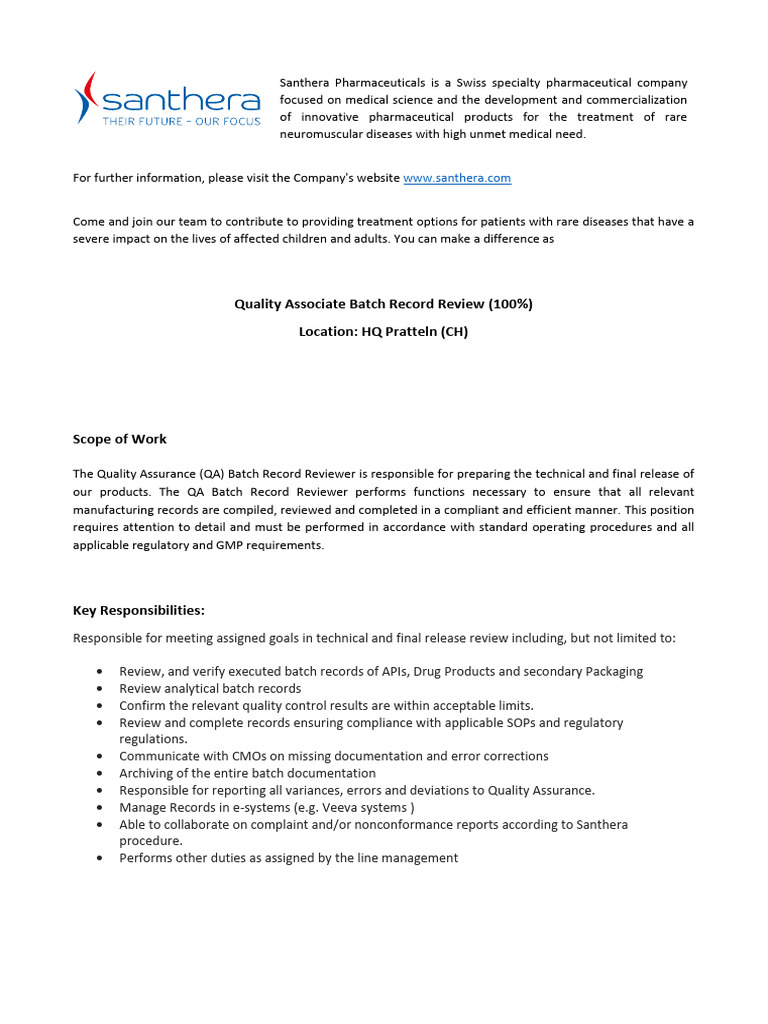 Job Description Quality Associate Batch Record Review | PDF | Health Care